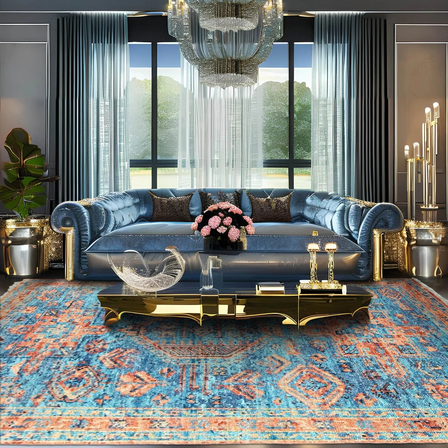 Multi Size Blue Hand Knotted Wool Turkish Oushak Oriental Area Rug ...